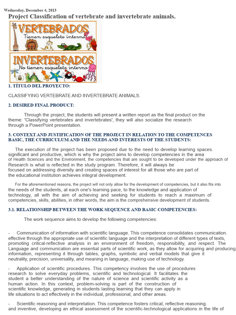 Project Classification of Vertebrate and Invertebrate Animals | PDF ...