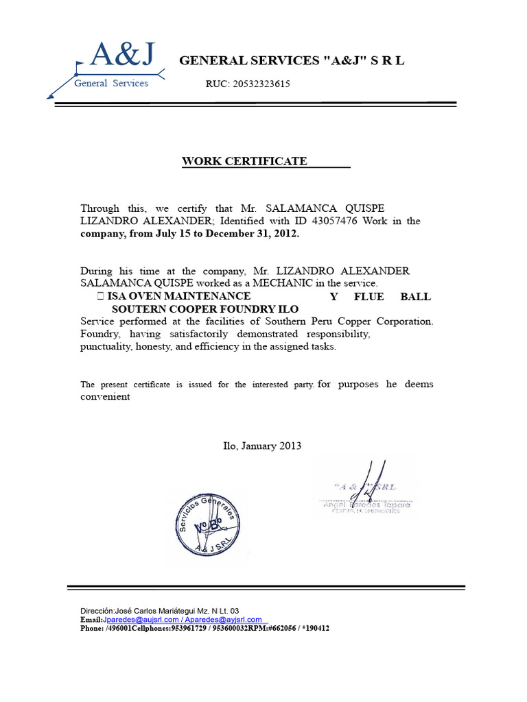 Certificate A&j Assembly 1 | PDF