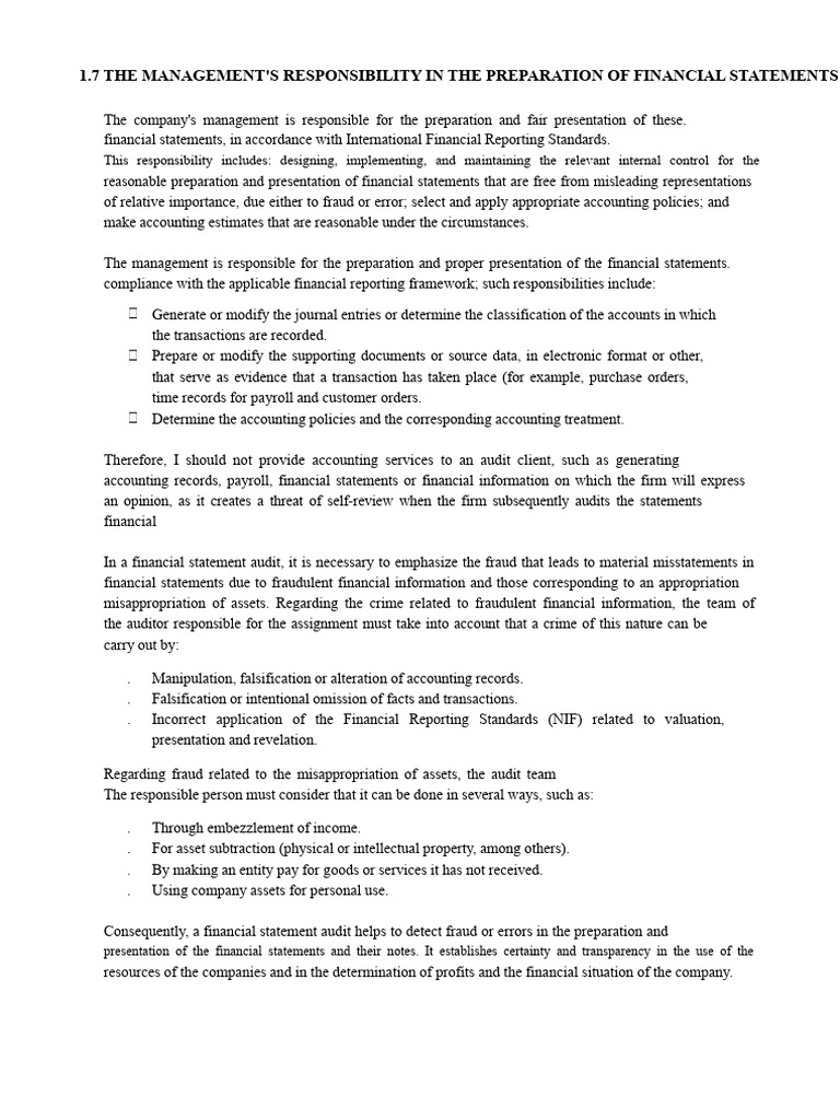 THE RESPONSIBILITY OF MANAGEMENT IN THE PREPARATION OF FINANCIAL ...
