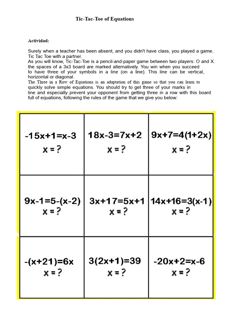 Activity Three in A Row First Degree Equations | PDF