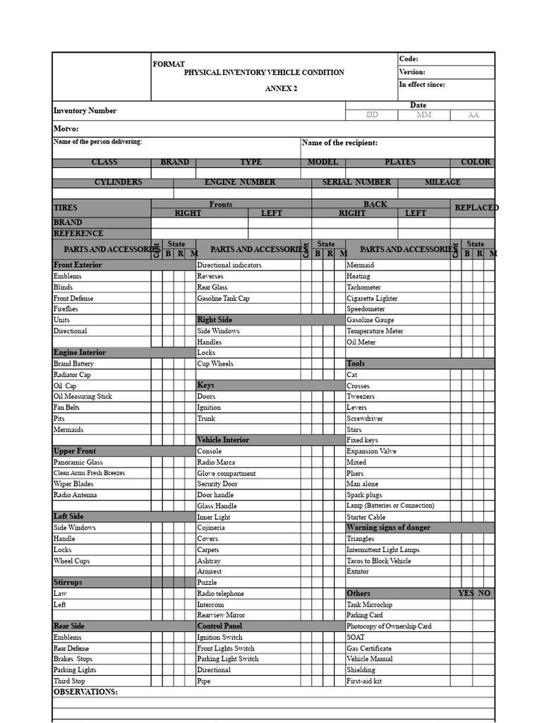 Vehicle Equipment Inventory Format | PDF | Vehicles | Automotive ...