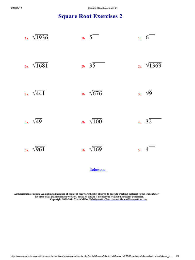 Square Root Exercises 2 | PDF