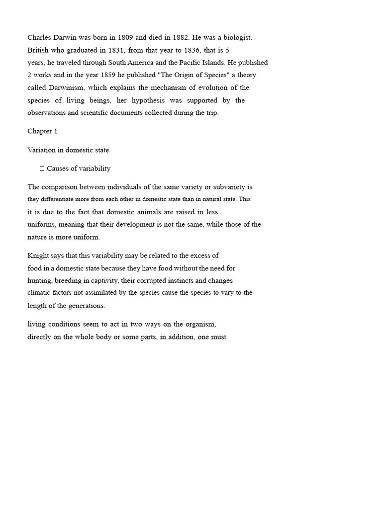Charles Darwin Summary of Chapters 1 To 4 and Chapter 15. | PDF ...