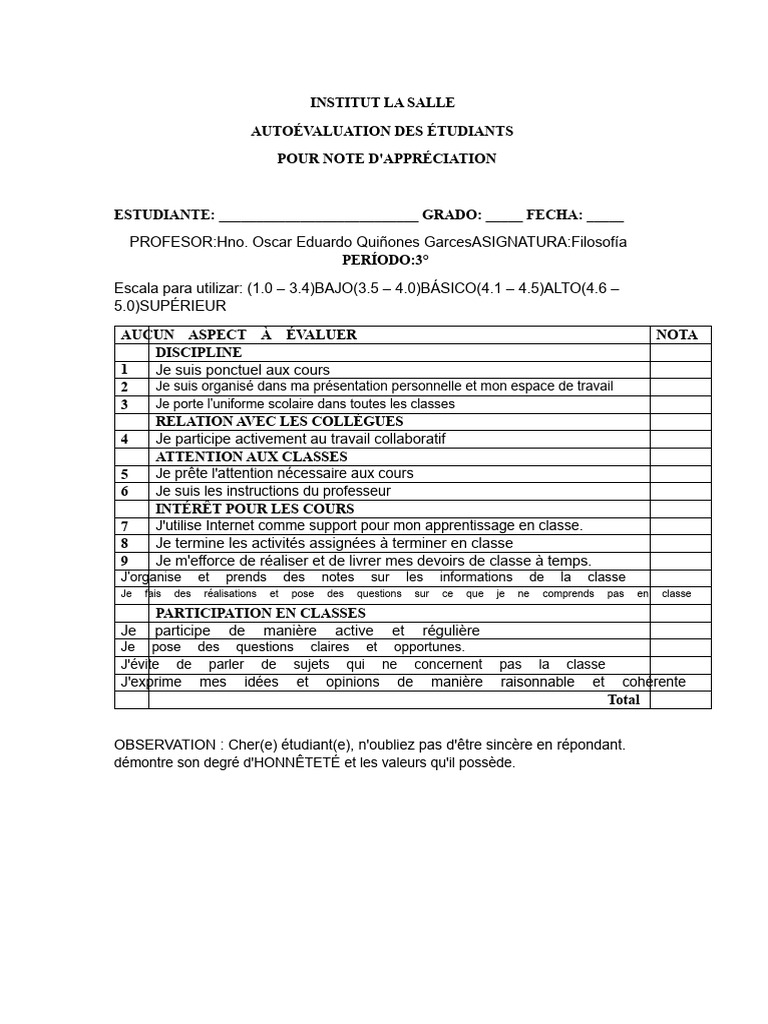 Autoévaluation des étudiants en philosophie | PDF
