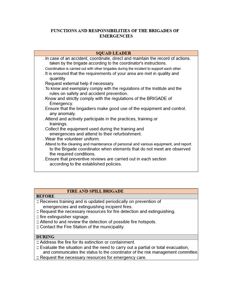 Functions and Responsibilities of Emergency Brigades | PDF | Emergency ...