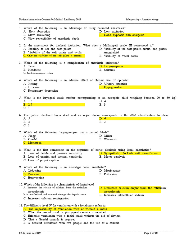 Anesthesiology Exam Questions 2019 | PDF | Anesthesia | Clinical Medicine