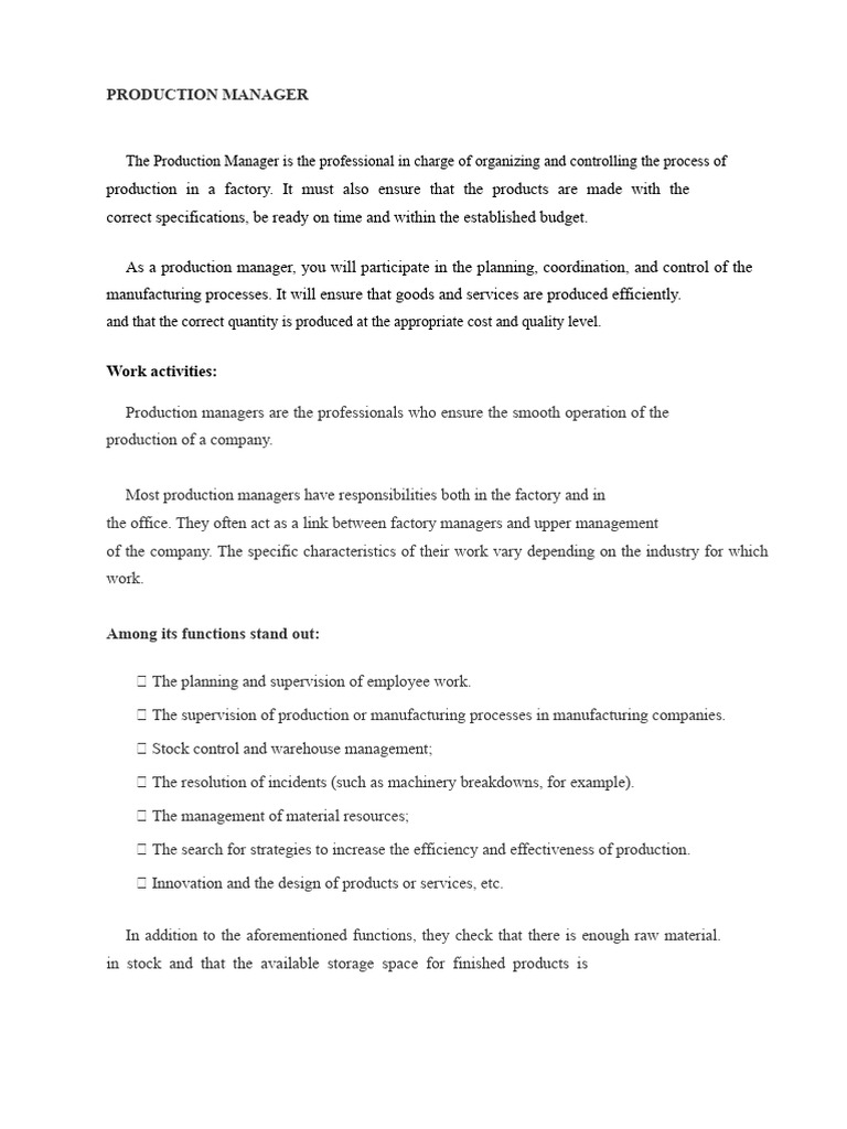 Production Manager Role and Responsibilities | PDF | Leadership | Secretary