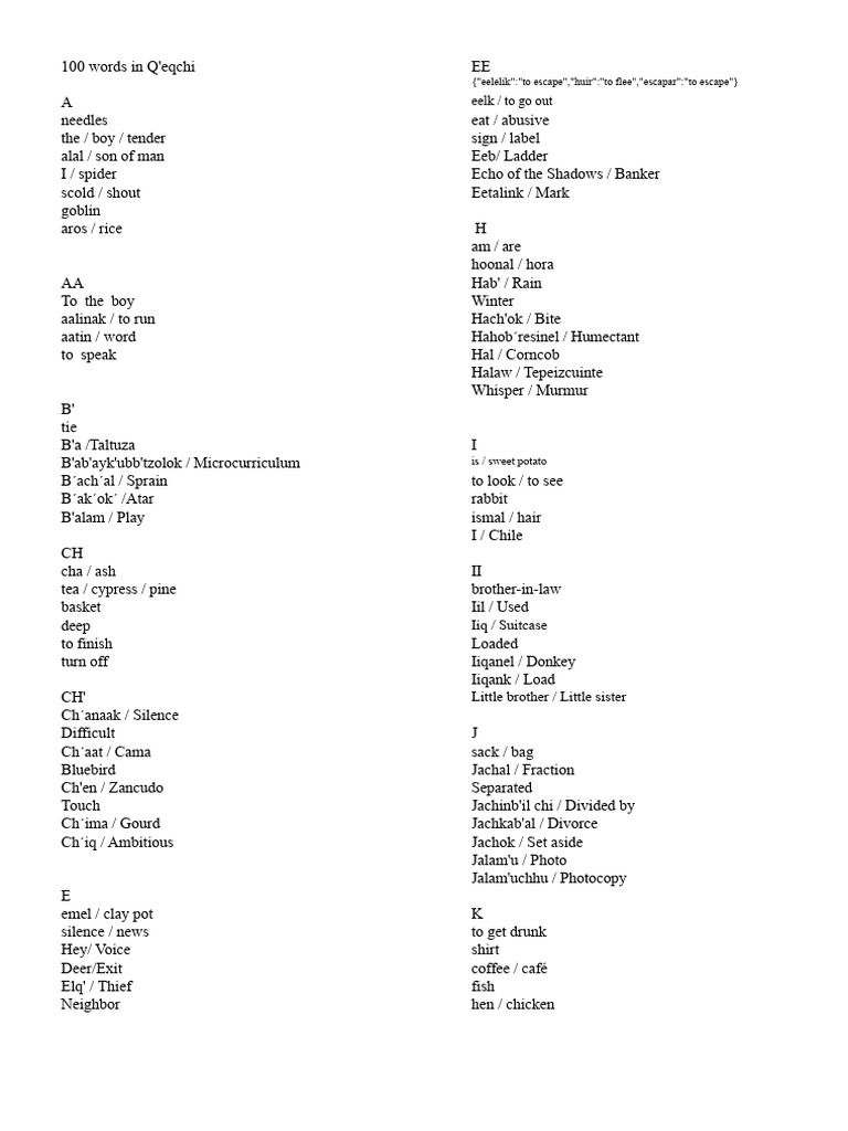 Q'eqchi Vocabulary and Geography Overview | PDF | Carbohydrates | Fat
