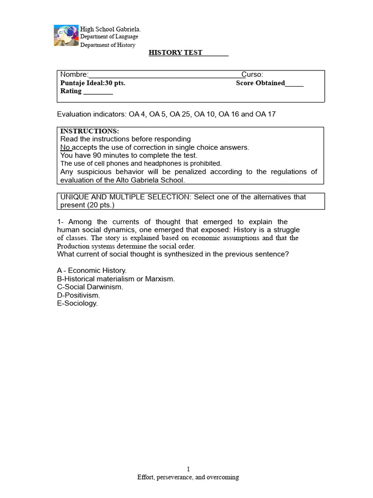 HISTORY TEST 1st year | PDF | Chile | Multiple Choice