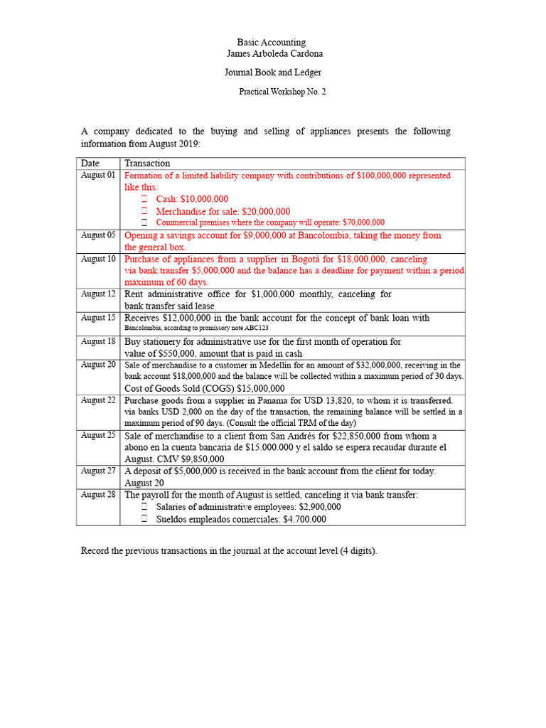 Practical Workshop N°2 Journal and Ledger - Accounting | PDF | Banks ...