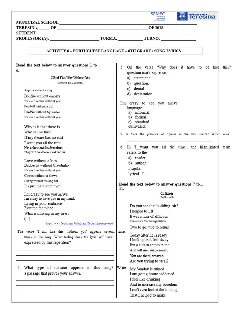 Activity 6 - 6th Grade - Song Lyrics | PDF | Linguistics