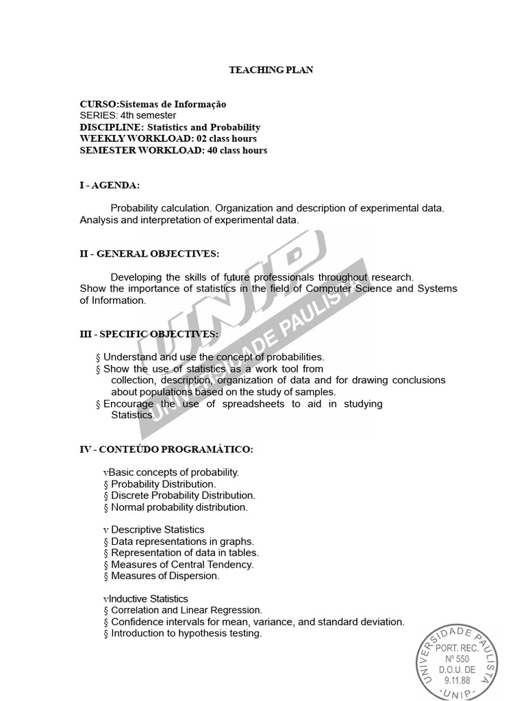Statistics and Probability Teaching Plan | PDF | Statistics | Applied ...