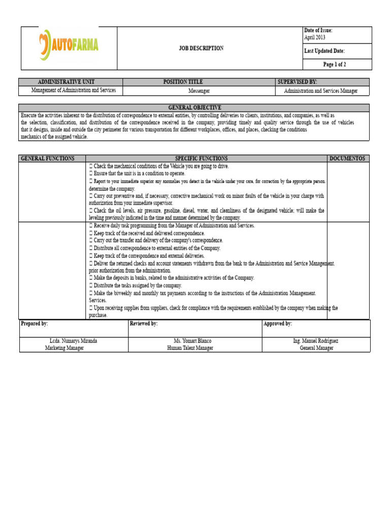 Messenger Job Description and Duties | PDF | Occupational Safety And ...