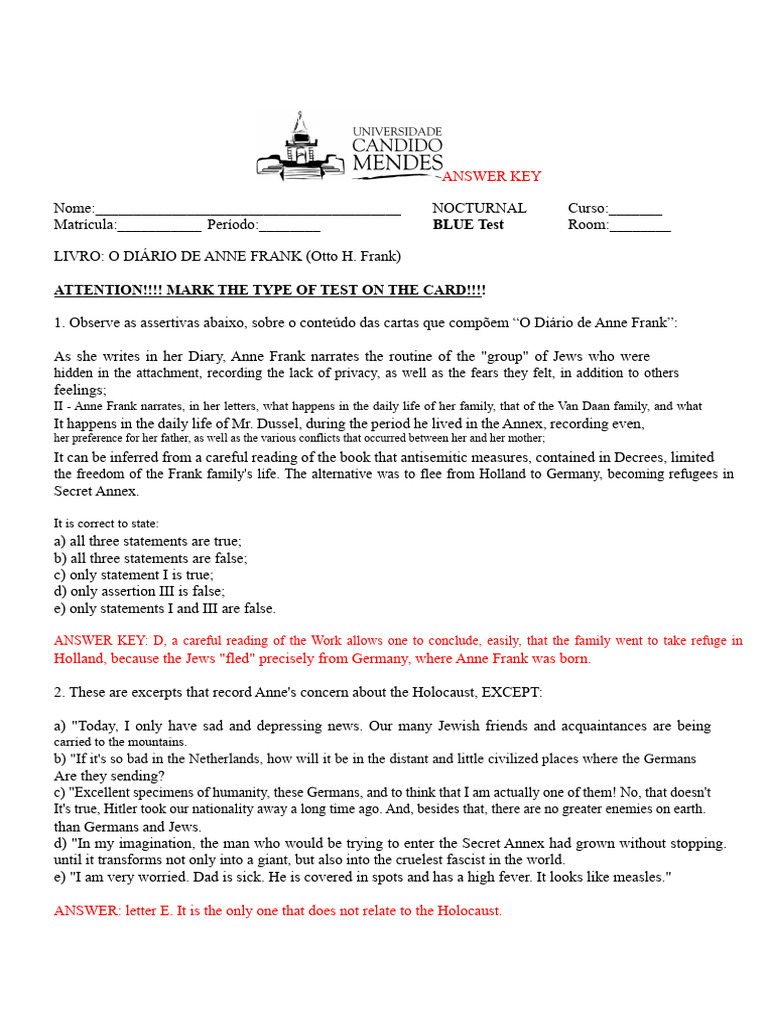 ANSWER KEY Assessment The Diary of Anne Frank | PDF | Anne Frank