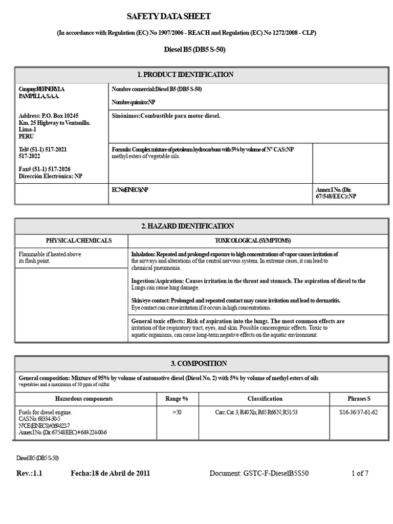 Diesel B5 Safety Data Sheet | PDF | Dangerous Goods | Combustion