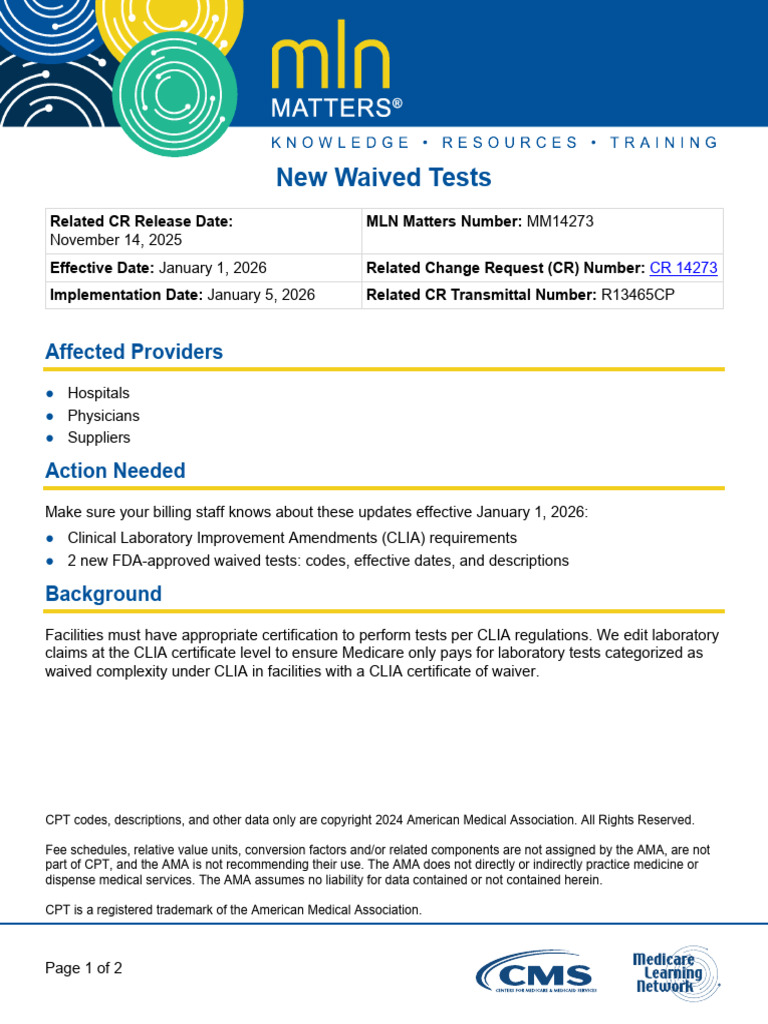 New Waived Tests for Medicare 2026 | PDF | American Medical Association ...