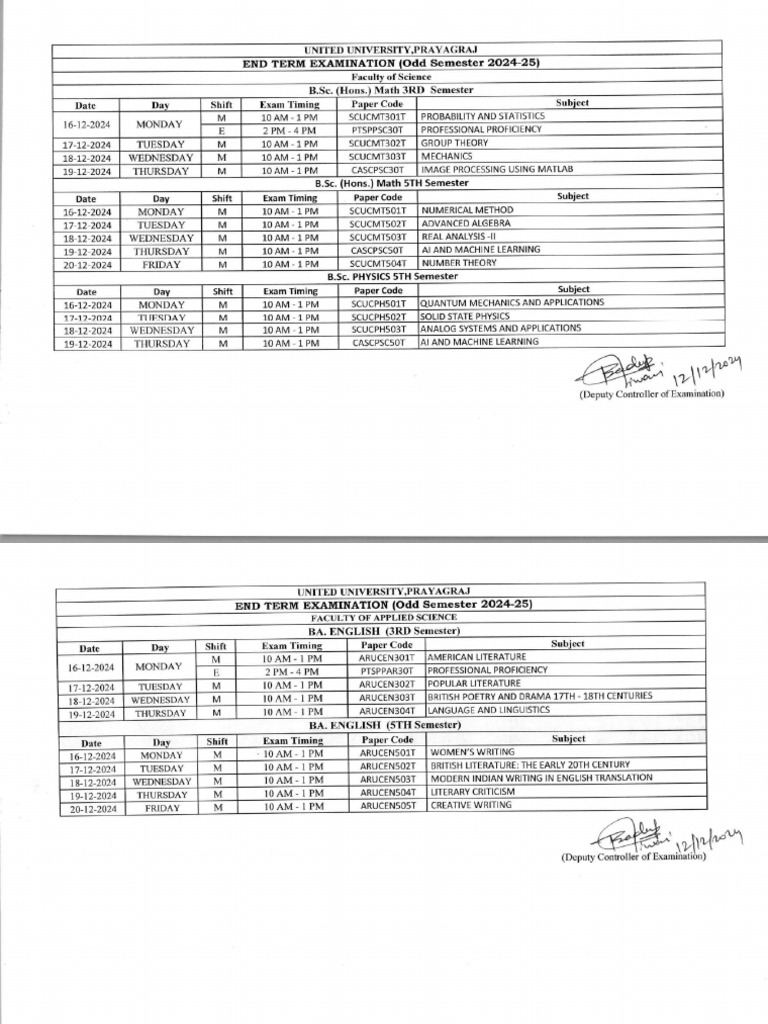 End Term Examination Schedule - 3rd Semester, 5th S | PDF