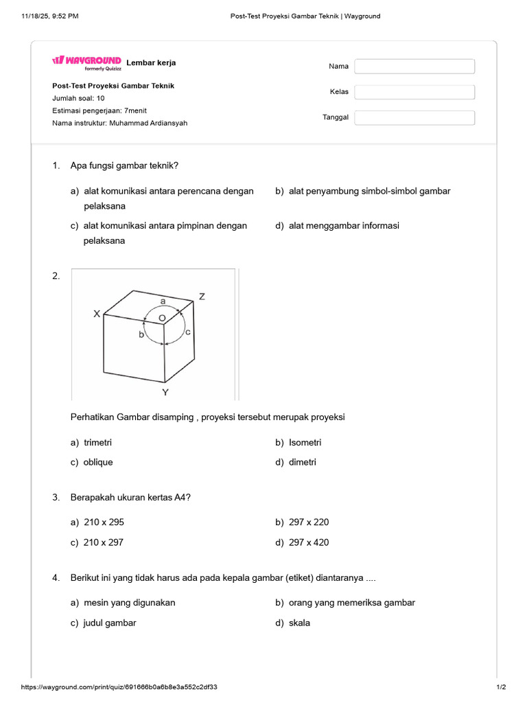 Post-Test Proyeksi Gambar Teknik | PDF