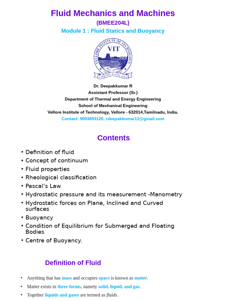 M1 - BMEE204L - Fluid Mechanics and Machines - Fluid Statics and ...