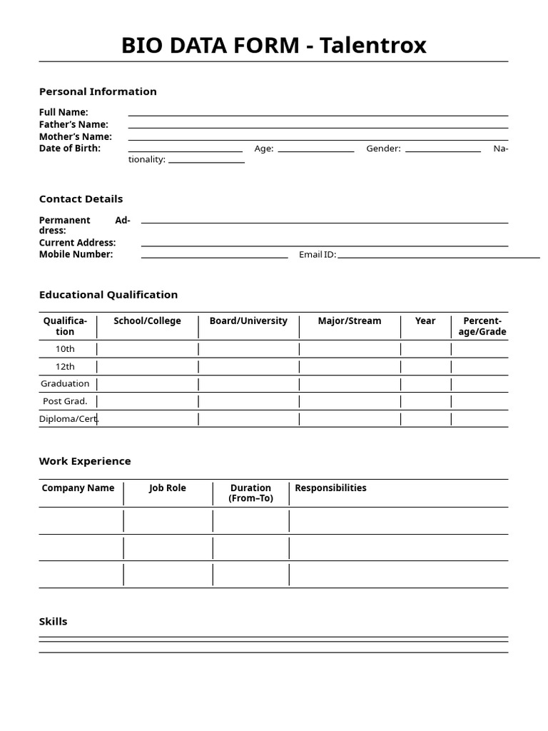 Talentrox Bio Data Form Template | PDF