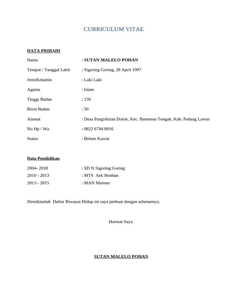 Daftar Riwayat Hidup Sutan Malelo Pohan | PDF