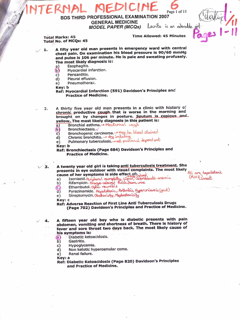 BDS 2007 General Medicine MCQs Model Paper | PDF | Pneumonia | Diseases ...