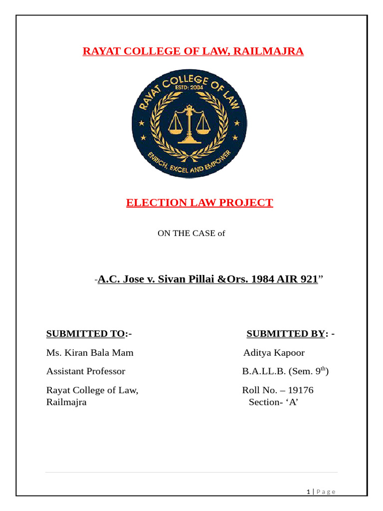 A.C. Jose v. Sivan Pillai Case Analysis | PDF | Elections | Rule Of Law
