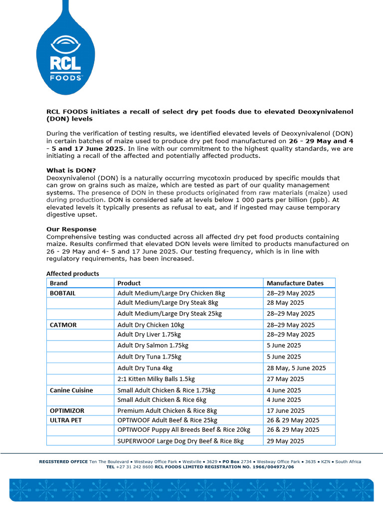 RCL Foods Pet Food Recall Notice | PDF | Foods