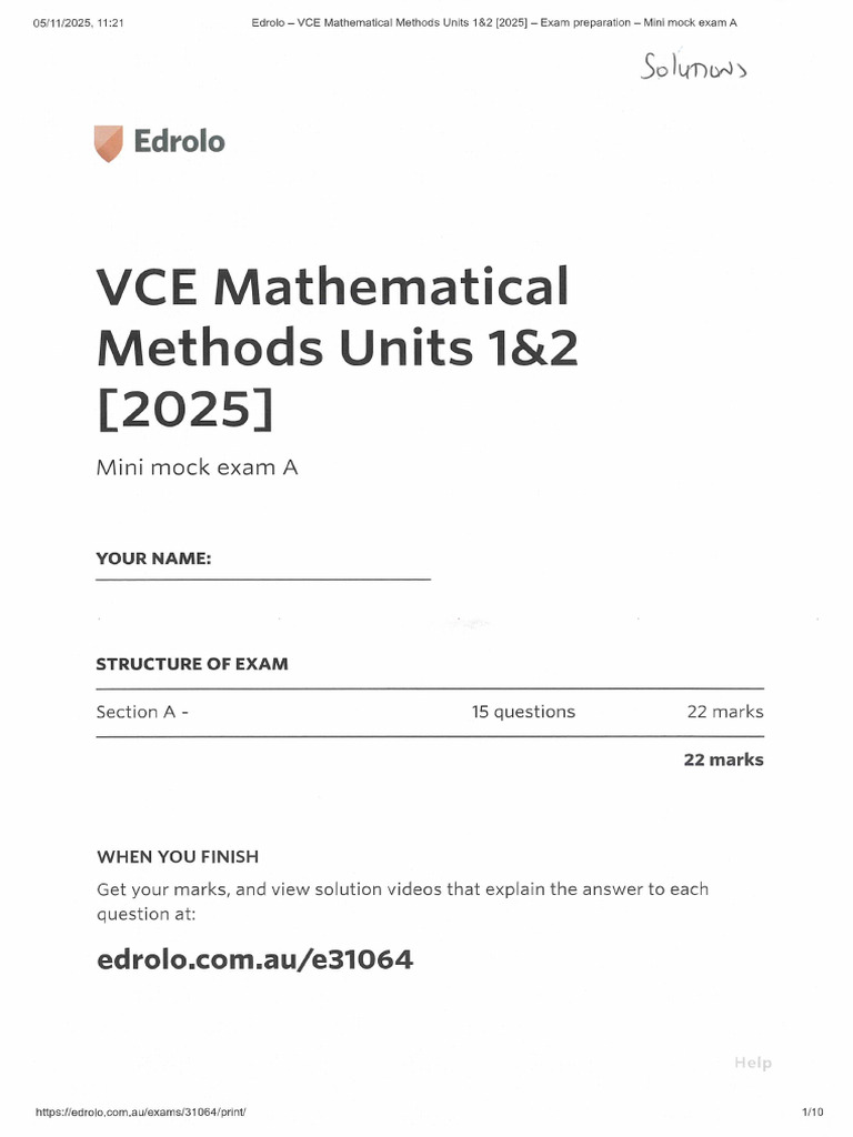 Edrolo VCE Mathematical Methods Units 1&2 (2025) Exam Preparation Mini ...