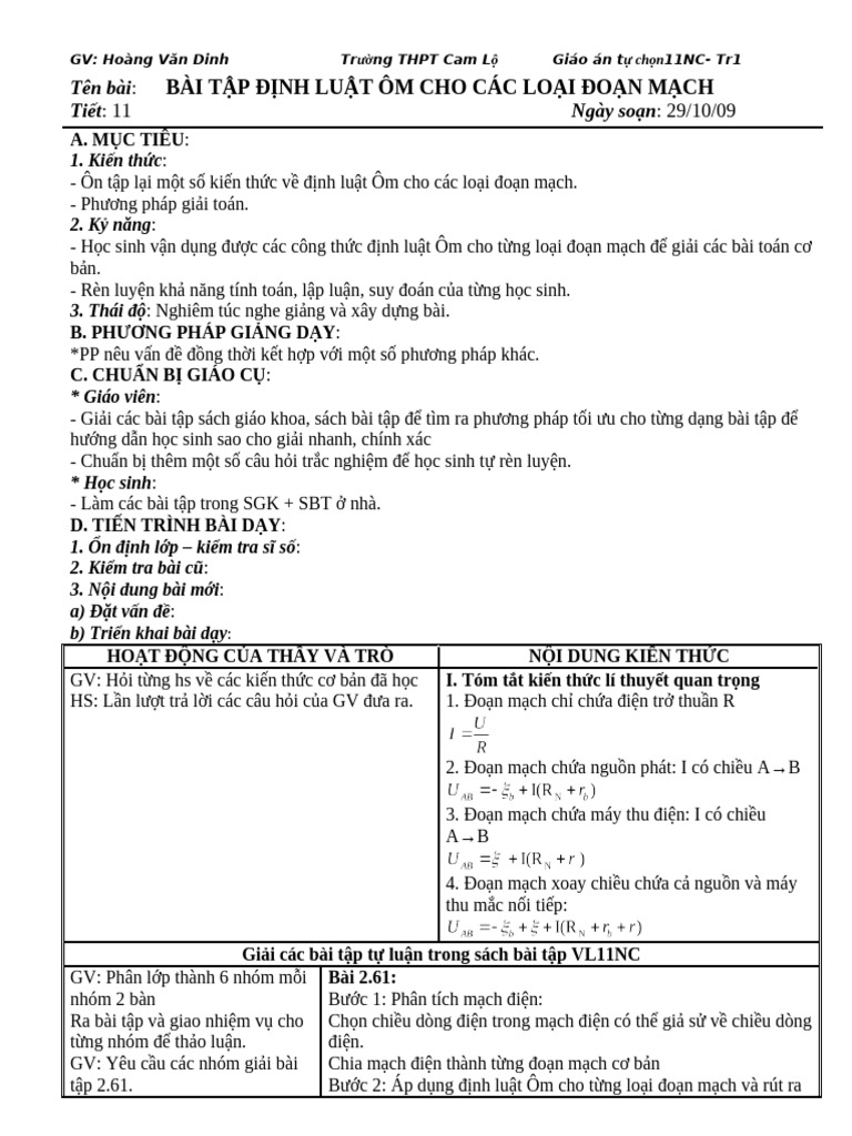 Tiet 11. BT Dinh Luat Om Cho Cac Loai Doan Mach | PDF