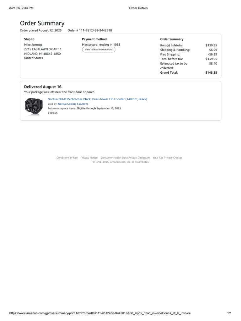 Amazon Order Summary for Noctua Cooler | PDF