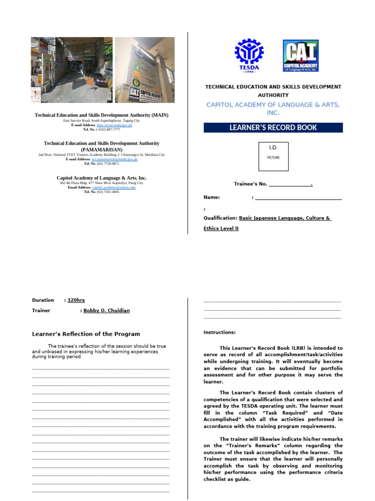 TESDA-Learners Record Book - 2024 | PDF | Japanese Language | Learning