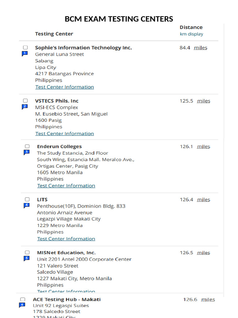 BCM Exam Testing Centers | PDF