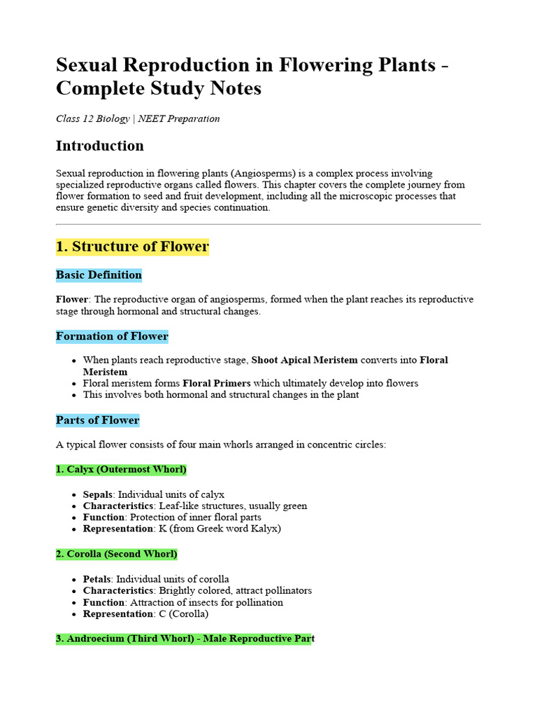 Sexual Reproduction Flowering Plants Notes | PDF | Flowers | Pollen