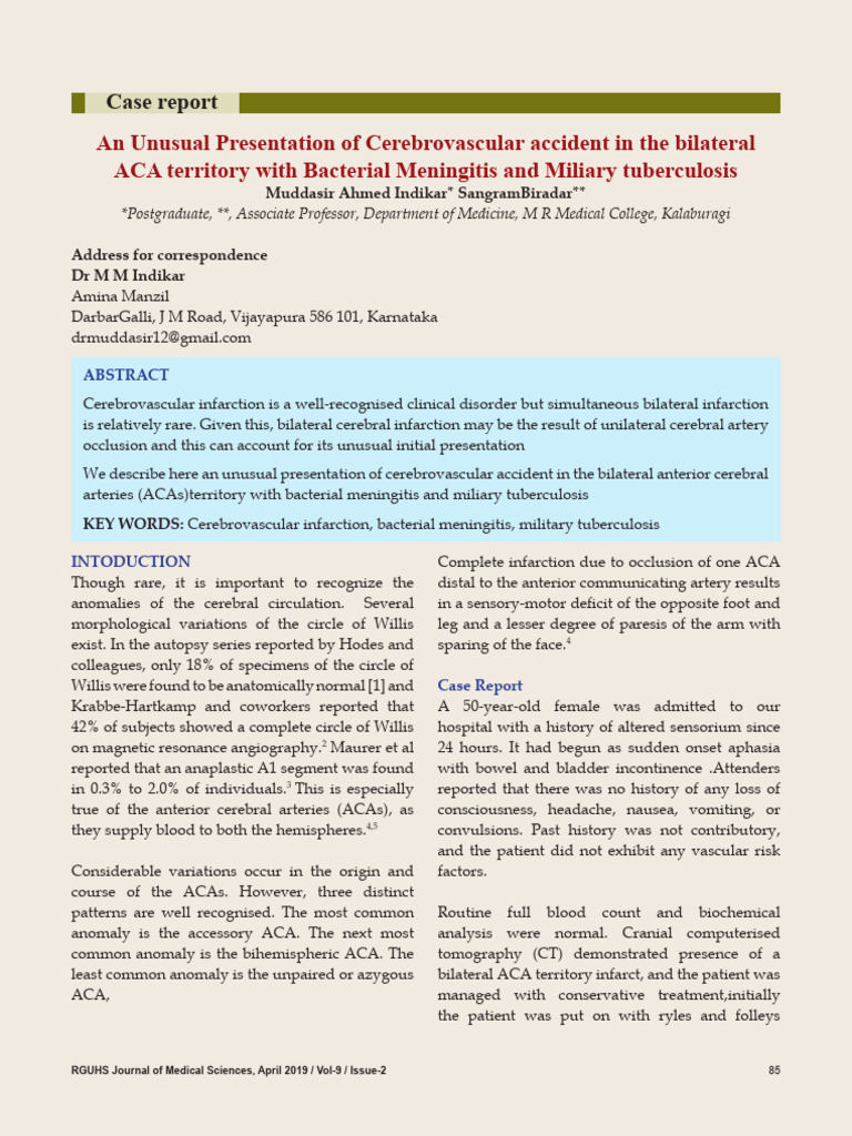 Bilateral ACA Infarction with Meningitis | PDF | Stroke | Angiography
