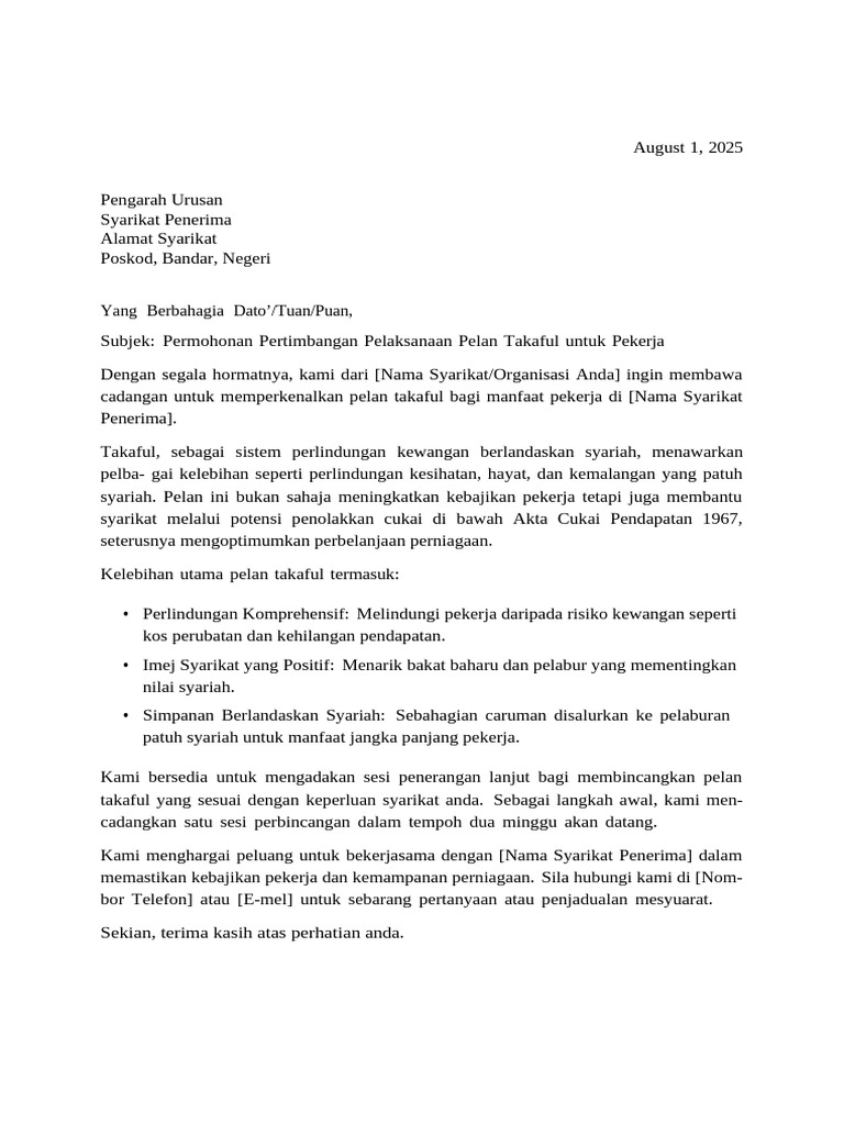 Surat Permohonan Takaful Untuk Syarikat | PDF