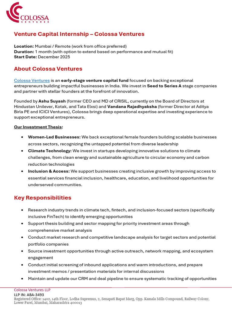 Venture Capital Internship at Colossa Ventures | PDF | Venture Capital ...