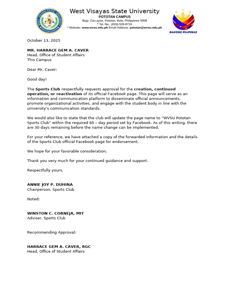 Request to Reactivate WVSU Sports Club Page | PDF