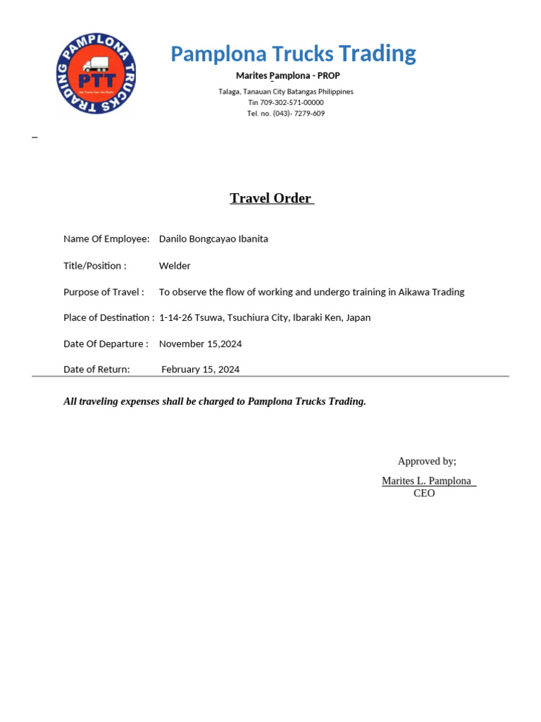 Travel Order for Danilo Ibanita | PDF