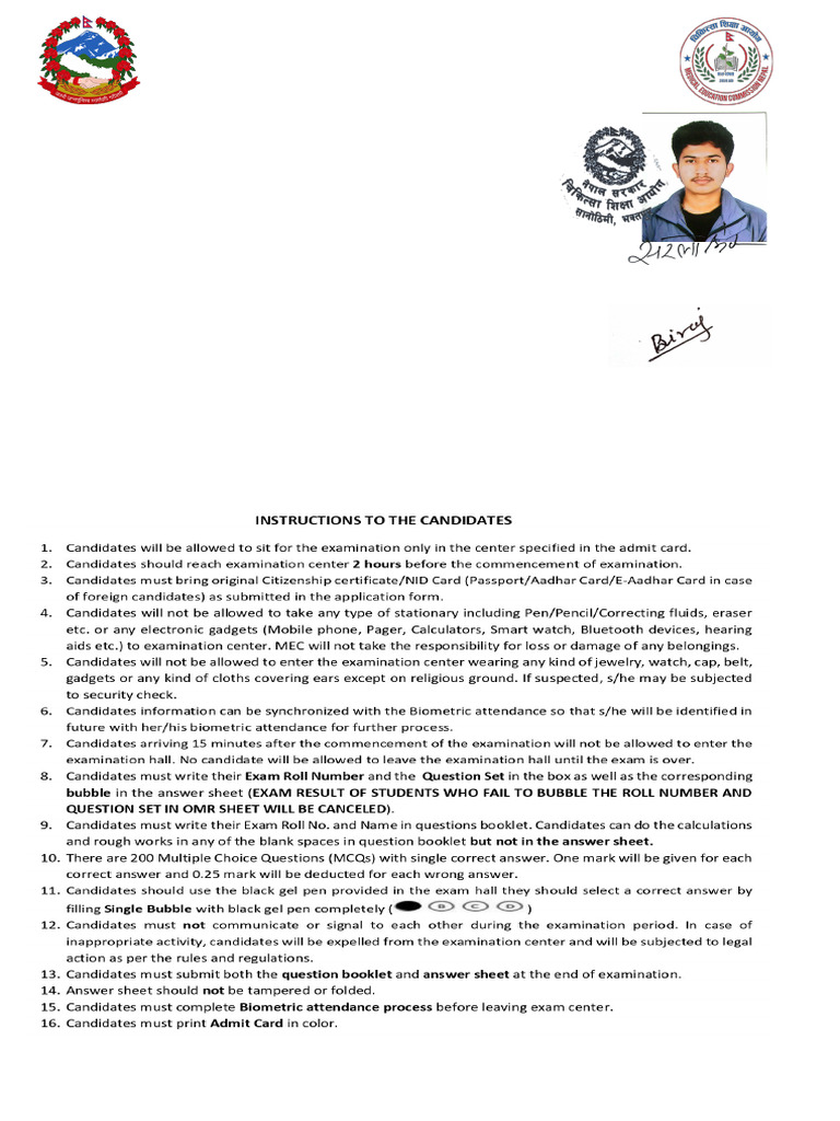 Admit Card BDS | PDF
