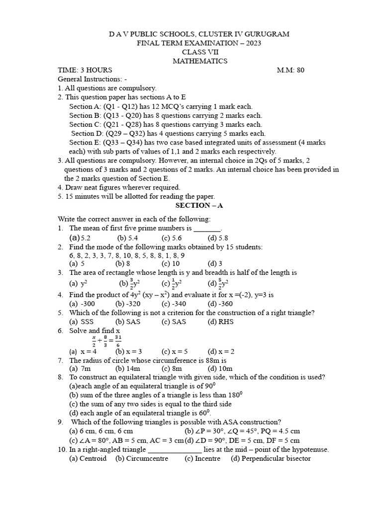 Class VII Mathematics Final Exam 2023 | PDF | Triangle | Elementary ...