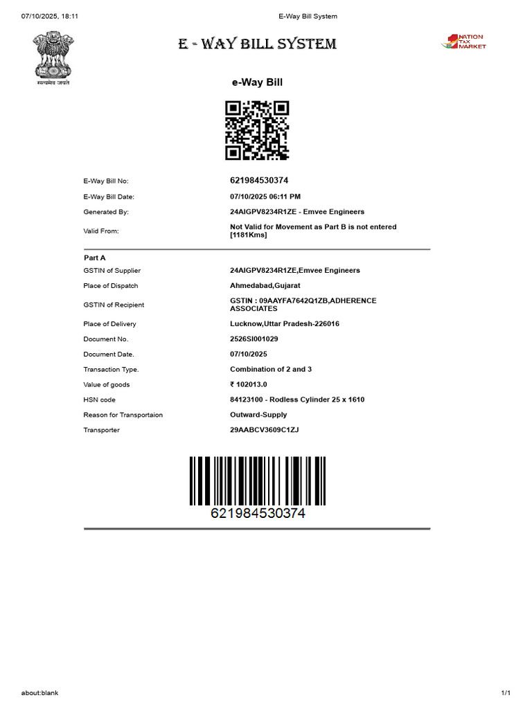 e-Way Bill Details for Emvee Engineers | PDF