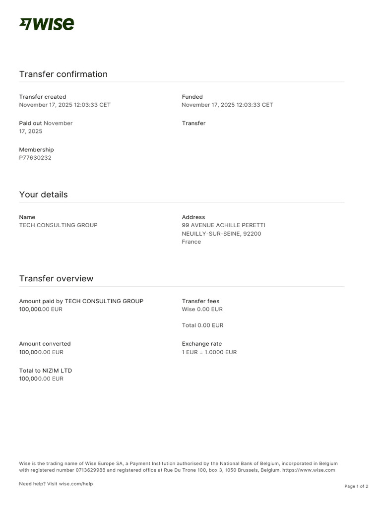 Wise Transfer Confirmation Transfer 100K 17-11-2025 FR | PDF ...