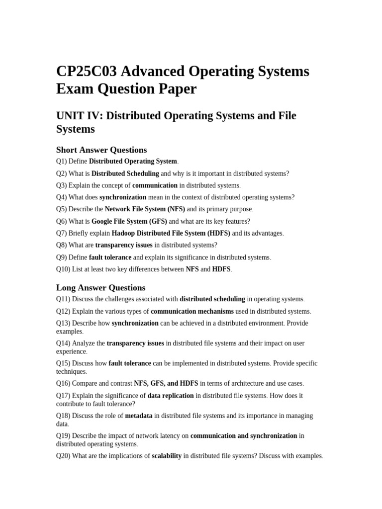 Distributed Operating Systems Exam Questions | PDF | Replication ...