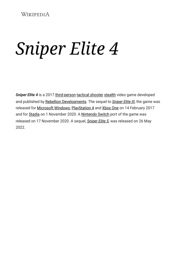 Sniper Elite 4 - Wikipedia | PDF | Gaming | Video Games
