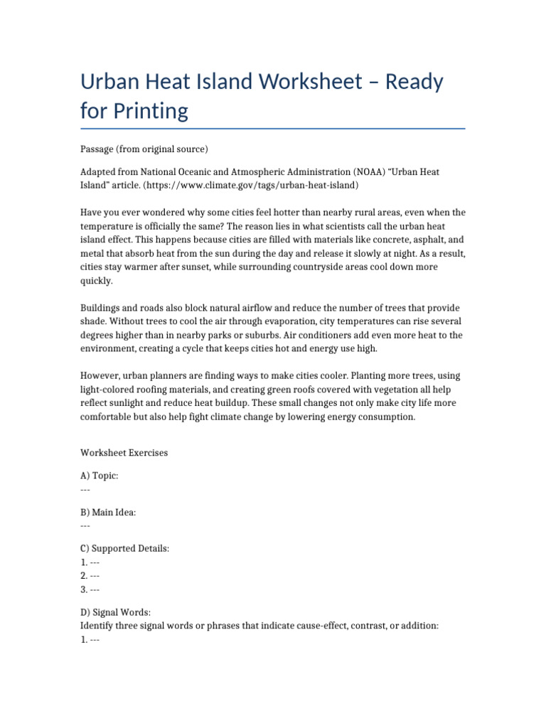 Urban Heat Island Worksheet | PDF | Heat | Earth Sciences