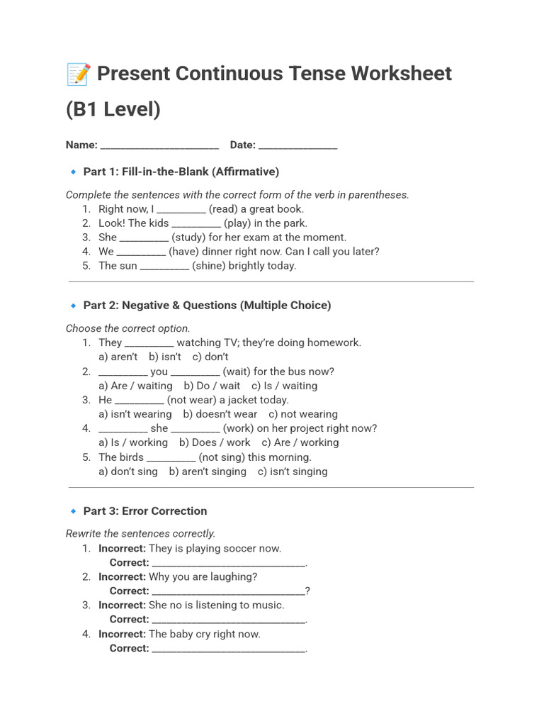 Present Continuous Tense Worksheet B1 | PDF