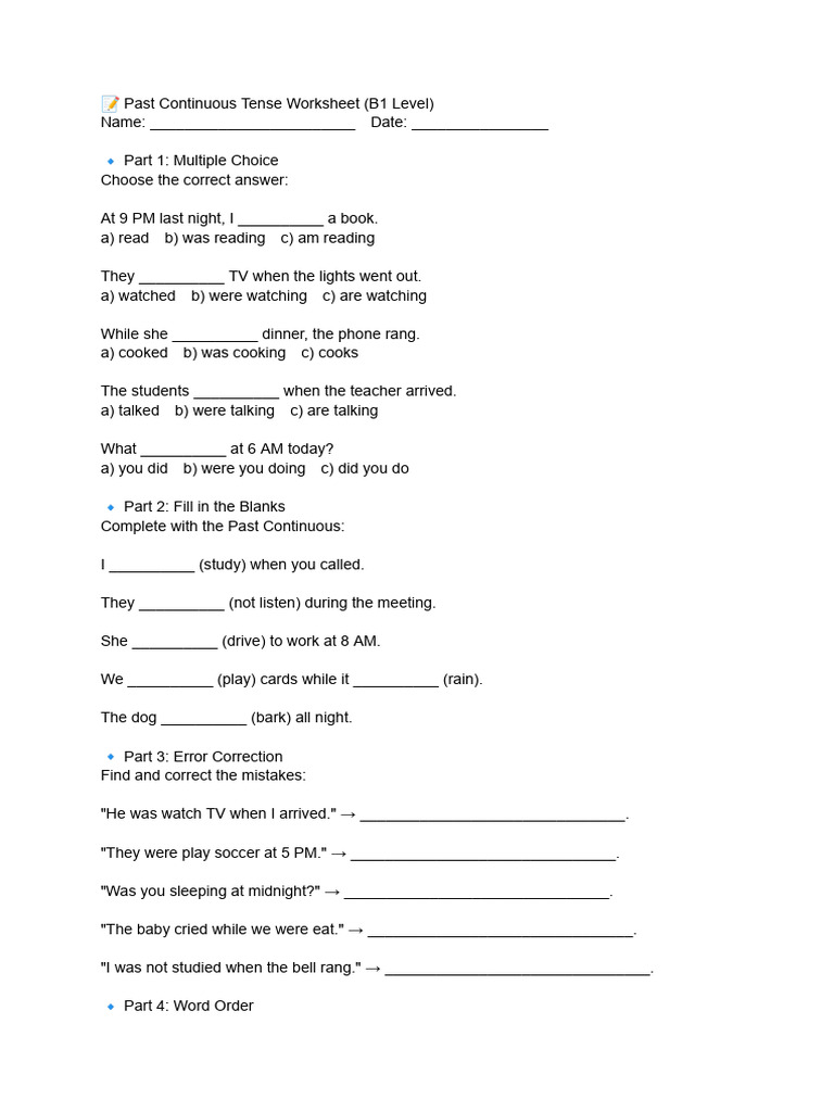 Past Continuous Tense Worksheet B1 | PDF