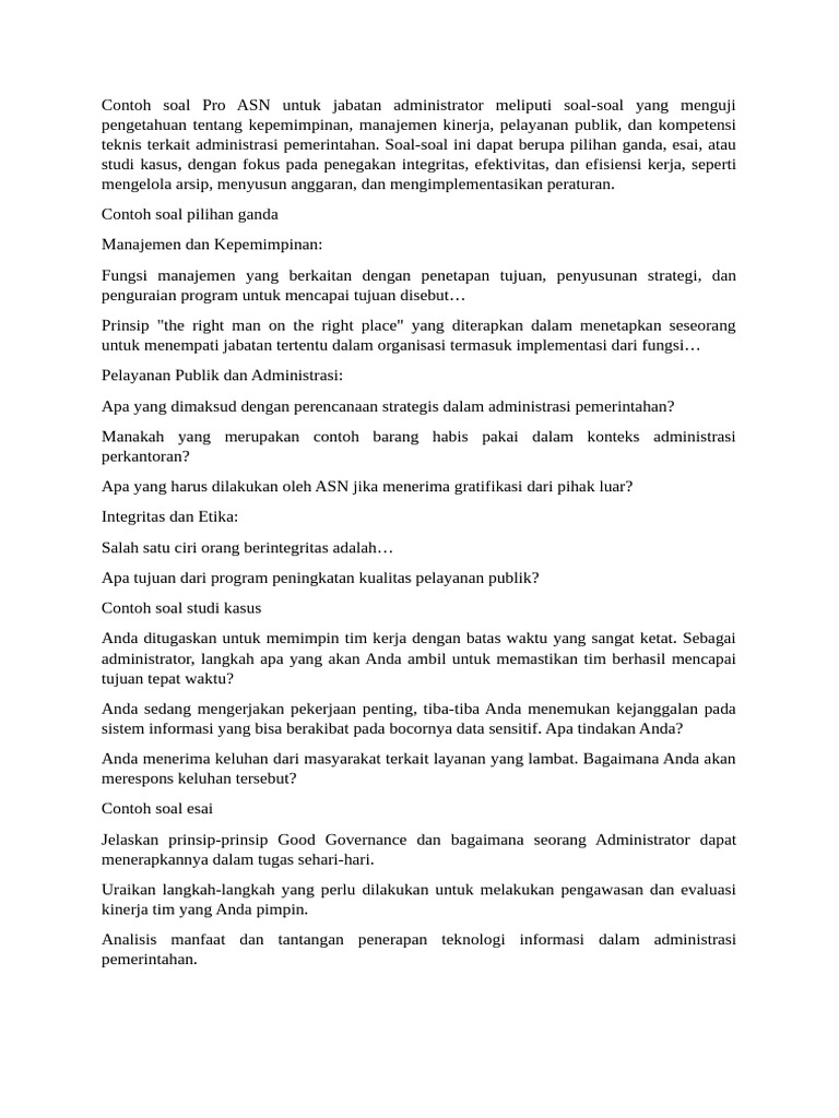 Contoh Soal Pro ASN Untuk Jabatan Administrator Meliputi Soal | PDF