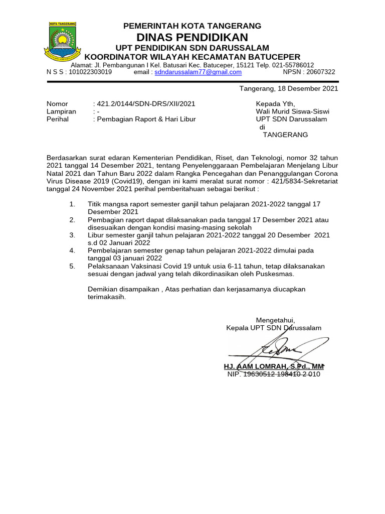 Surat Pemberitahuan Libur | PDF